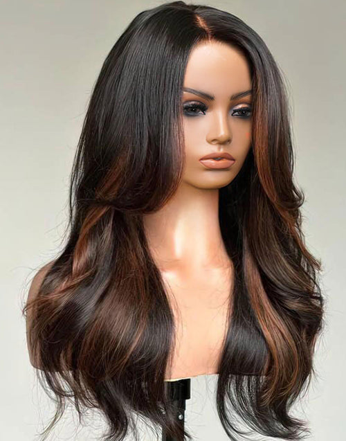 Pull Go Drawstring Wig Highlight Brown Layer Cut Wavy 13x5Glueless Wig ...
