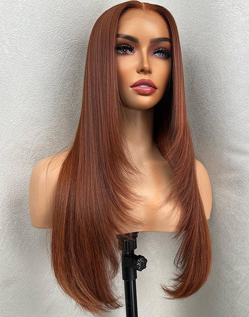 Ginger Reddish Color Layer Cut Straight 13x5 Pre Cut Lace Glueless Wig ...