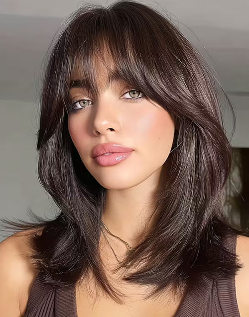 Dark Brown Smart-Fit Pull Go Layered Straight Wig Curtain Bangs ...