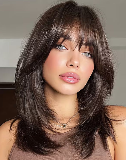 Dark Brown Smart-Fit Pull Go Layered Straight Wig Curtain Bangs ...