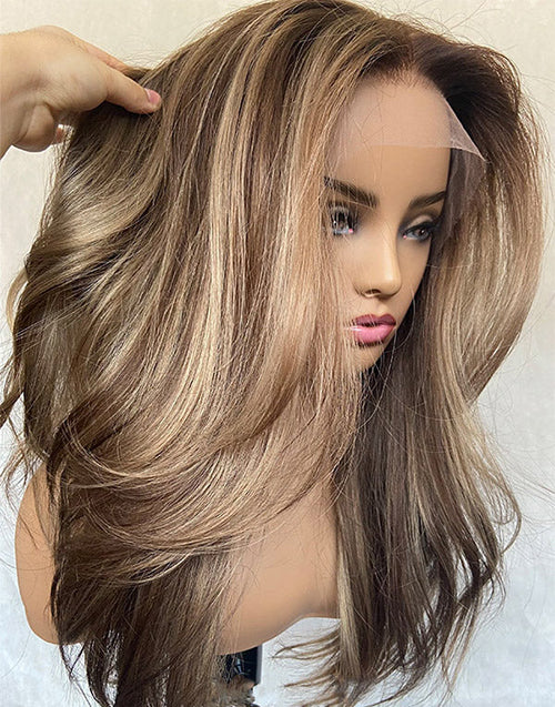 Layered Wavy Mushroom Blonde Balayage Lace Front Wigs Shoulder Length ...