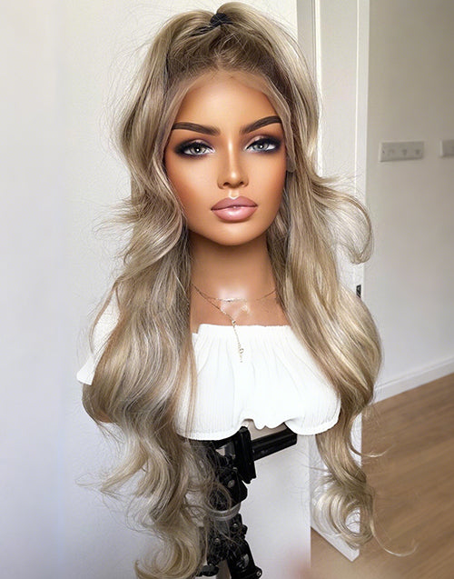 Updo Look Mixed Ash And Platinum Blonde Wavy Full Lace Wig Dark Root ...