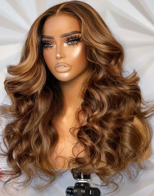 Piano Brown Highlights Big Loose Curl 13x4 Frontal Preplucked Wig ...