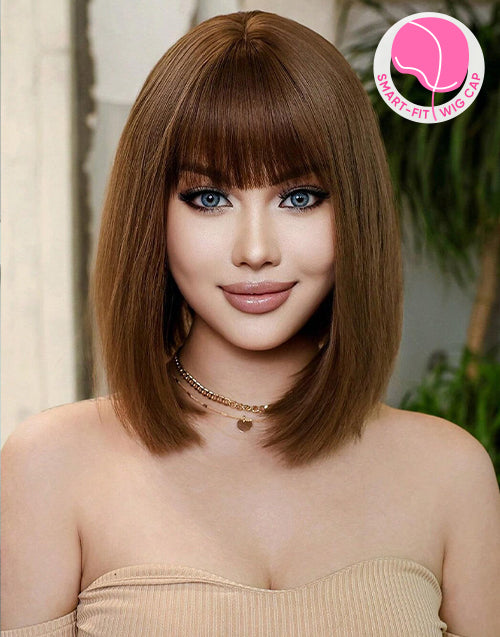 Smart-Fit Pull Go Chestnut Brown Straight Bob Wig With Bangs – Jessie's Wig