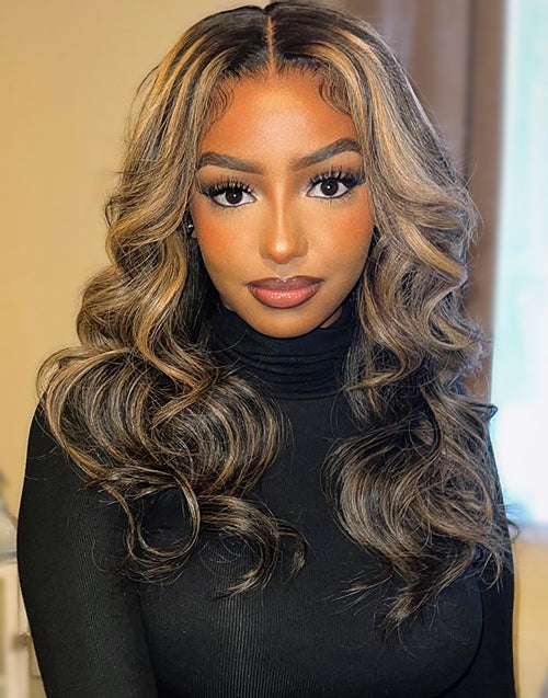 Black With Honey Blonde Highlights Glueless Wavy 13x5 Pre Cut Lace Wig ...