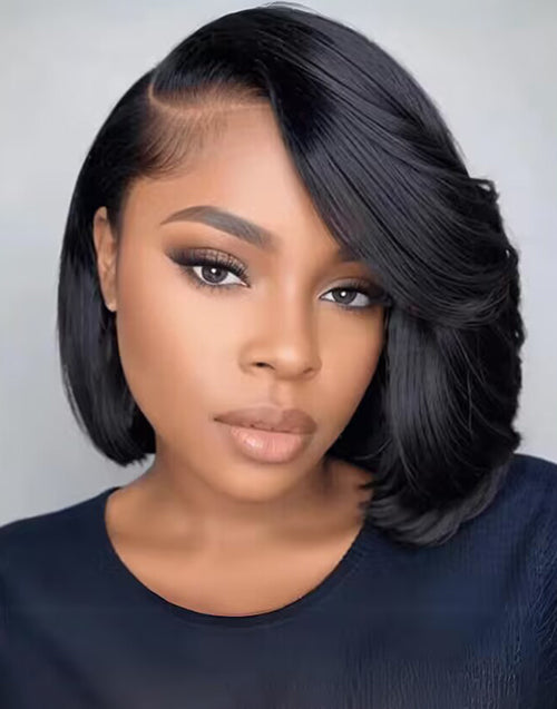 Side Part Layered Cut Straight Bob With Bangs 13x5 Pre Cut Lace Wig ...