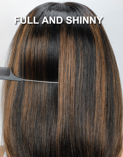 Face Framing Brown Highlight Glueless Wigs With Bangs Layered Bob Cut ...