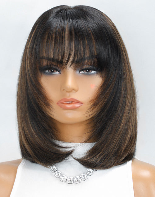 Face Framing Brown Highlight Glueless Wigs With Bangs Layered Bob Cut ...