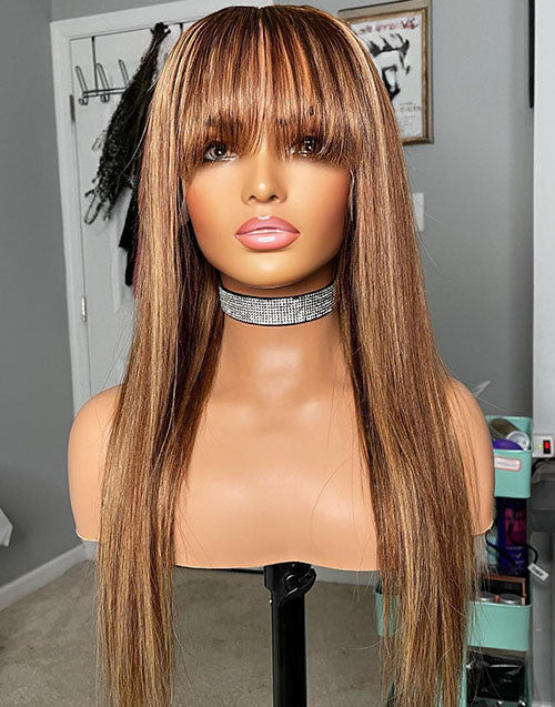 Highlight Brown Honey Blonde Straight Wig With Bangs Glueless Wig ...