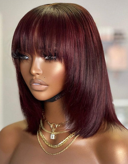 Burgundy Layer Cut Straight Bob Wigs With Bangs No Glue Fringe Wigs ...